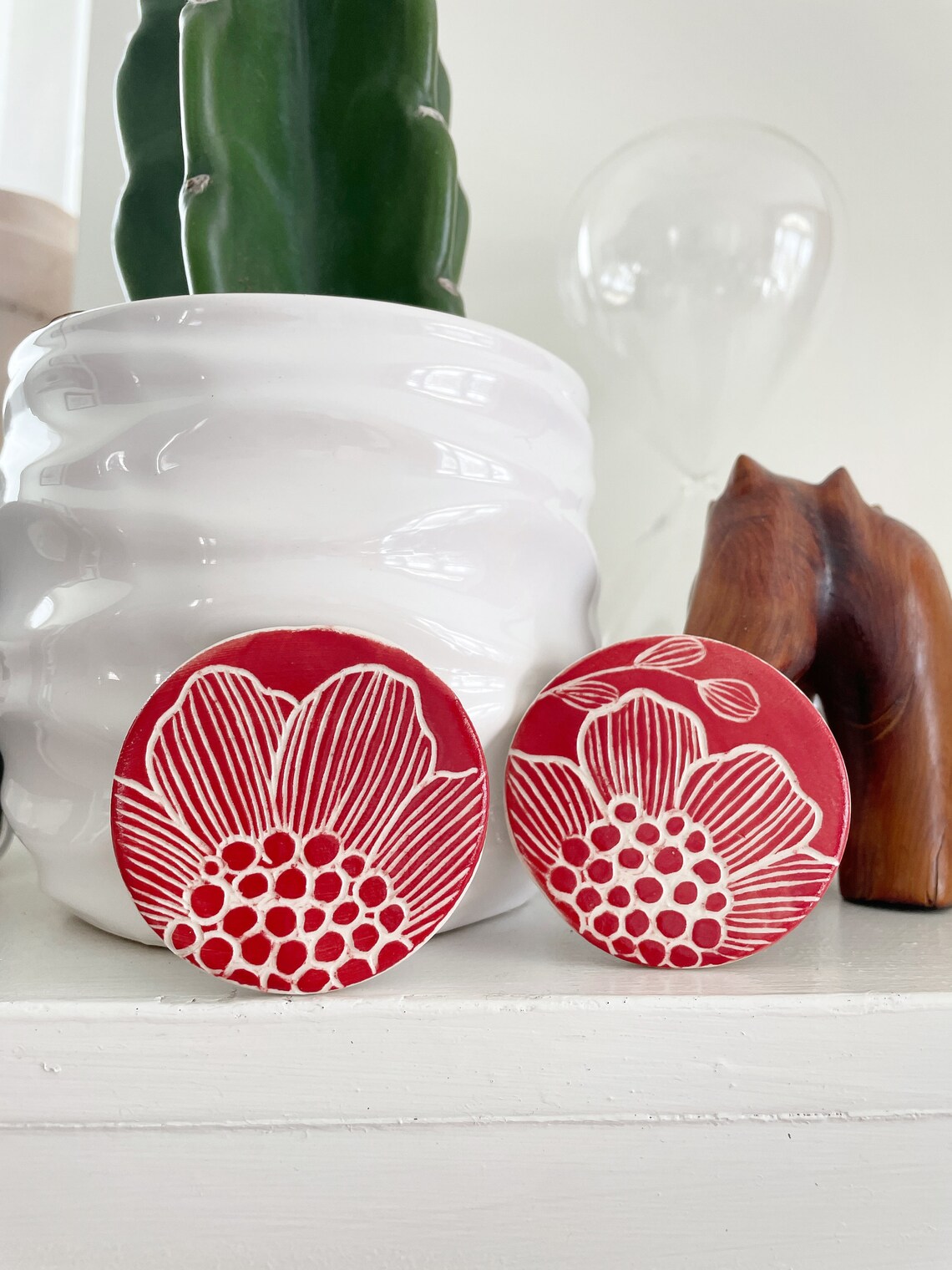 4 Ceramics Magnets, Red Floral Design Fridge Magnet Set of 4, Clay ...