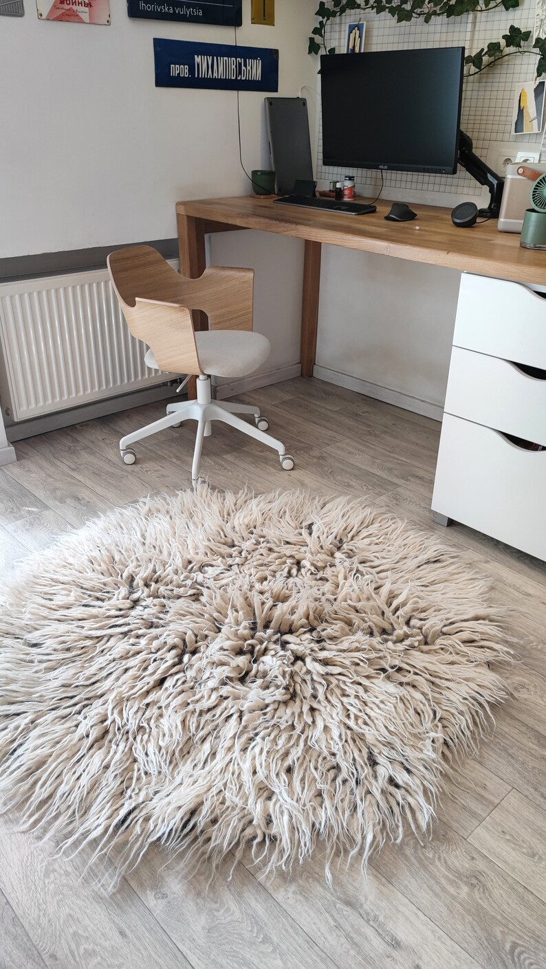 Fluffy Round Tufted Wool Rug, White Shaggy Flokati Rug for Bedroom or ...