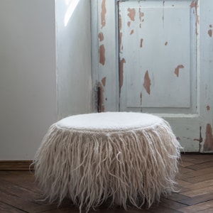 Round Cream Pouf, Flokati Pouf Ottoman, Boho Furniture, Round Ottoman ...