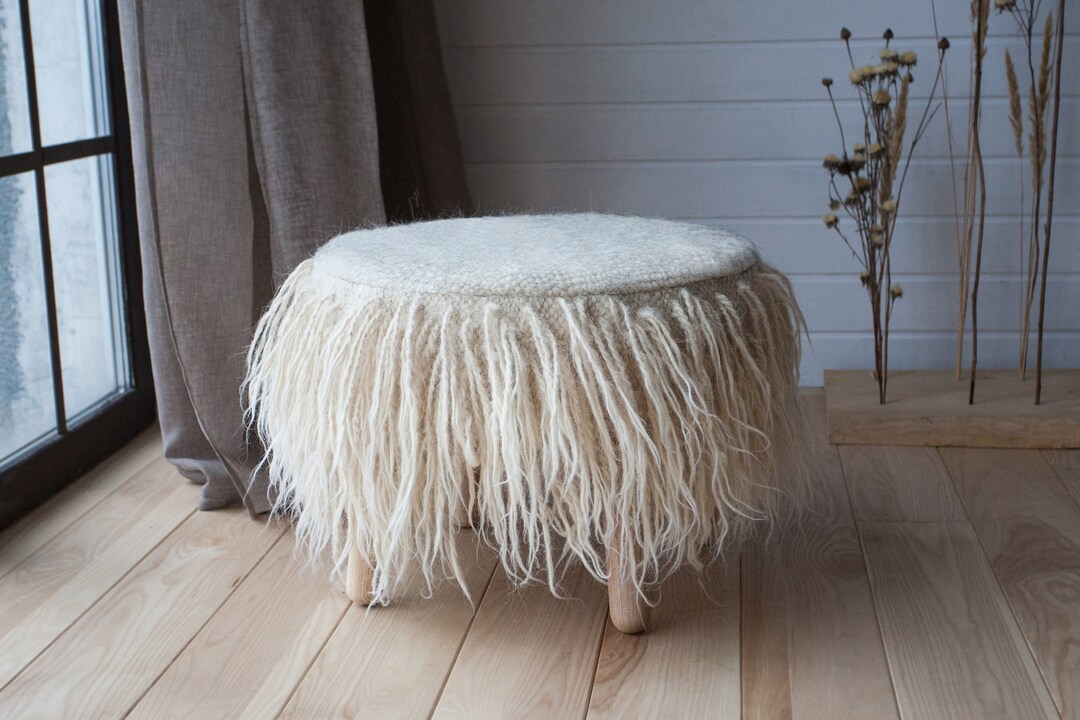 Round Cream Pouf, Flokati Pouf Ottoman, Boho Furniture, Round Ottoman ...
