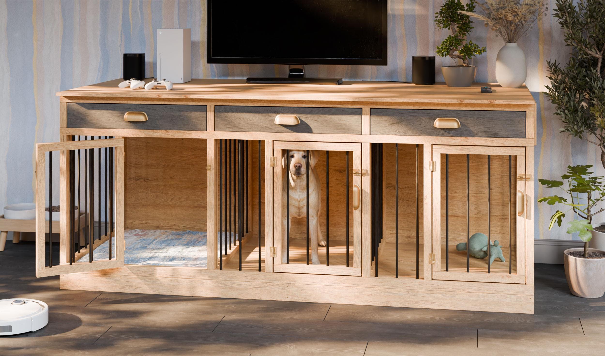 Triple Dog Crate Plans With TV Stand – Modern Wooden Kennel for 3 Dogs ...