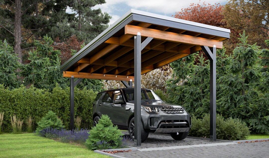 Modern Single Carport Plans – DIY Slanted Roof Car Shelter With Wood ...