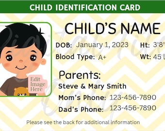 Editable Child ID Card Canva Template, Custom Kid ID Card, Printable ...