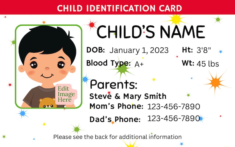 Custom Child ID Card Template: Printable Kid Photo Badge (canva) - Etsy