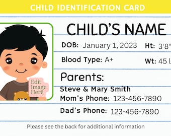 Editable Child ID Card Canva Template, Custom Kid ID Card, Printable Child Badge With Photo ...