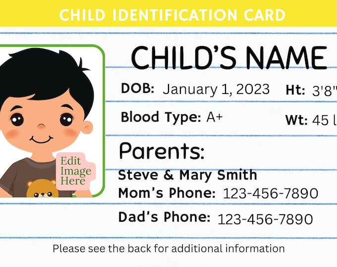 Custom Child ID Card Template: Printable Kid Photo Badge (canva) - Etsy ...