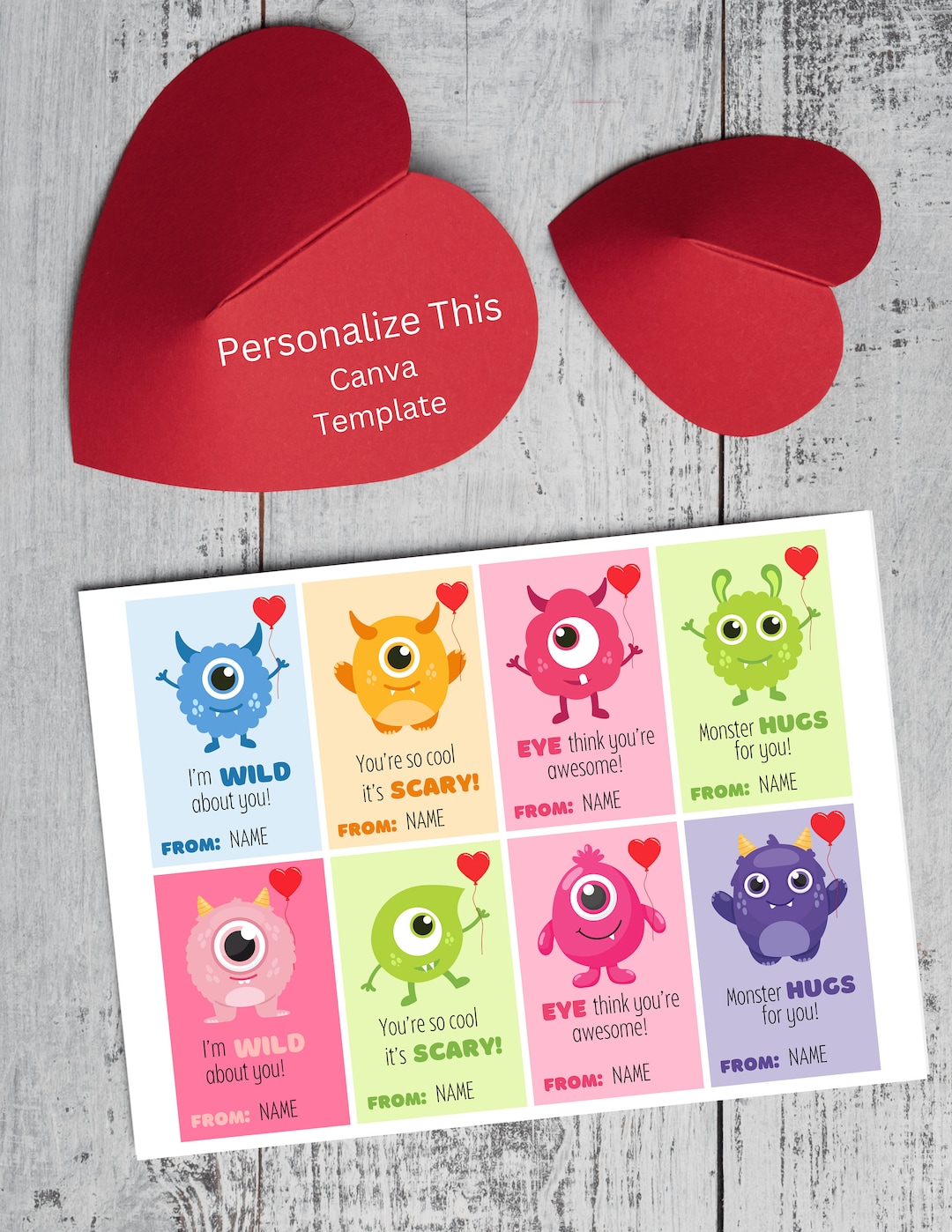 Editable Monster Valentine's Day Cards: Canva Template (digital File ...