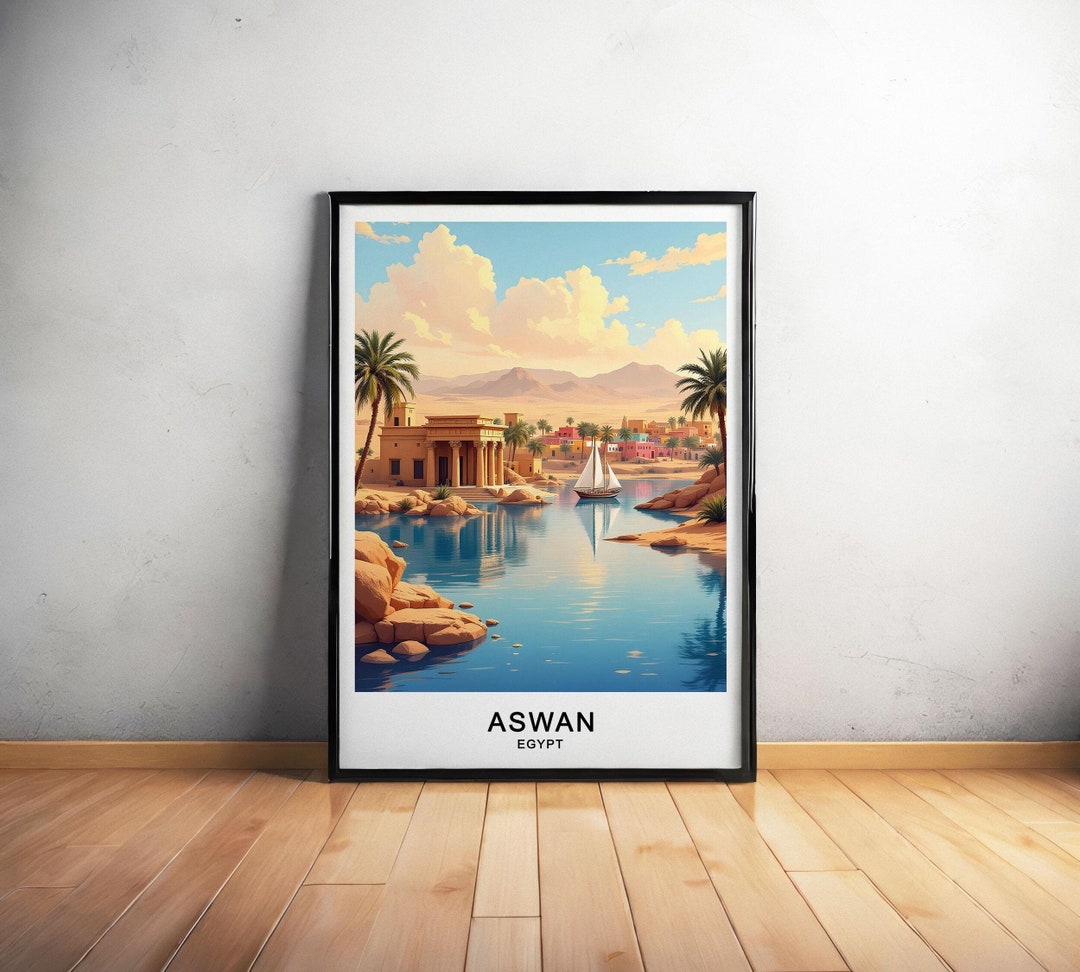 Aswan Egypt Travel Poster - Digital Download Nile River and Iconic Landmarks - Printable Gift ...