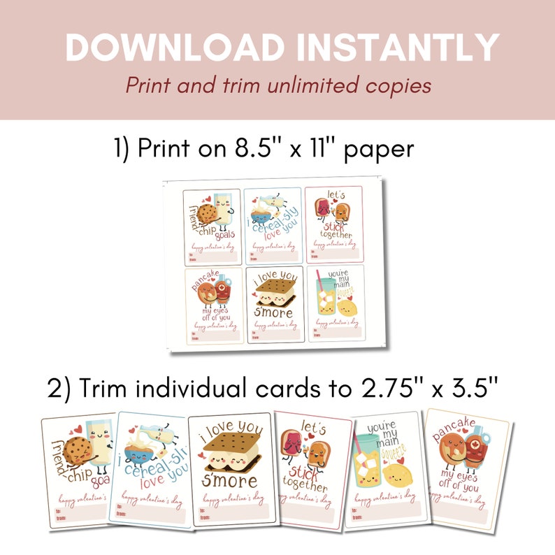Printable PDF Valentine's Day Cards Cute Food Couples team Sweet - Etsy