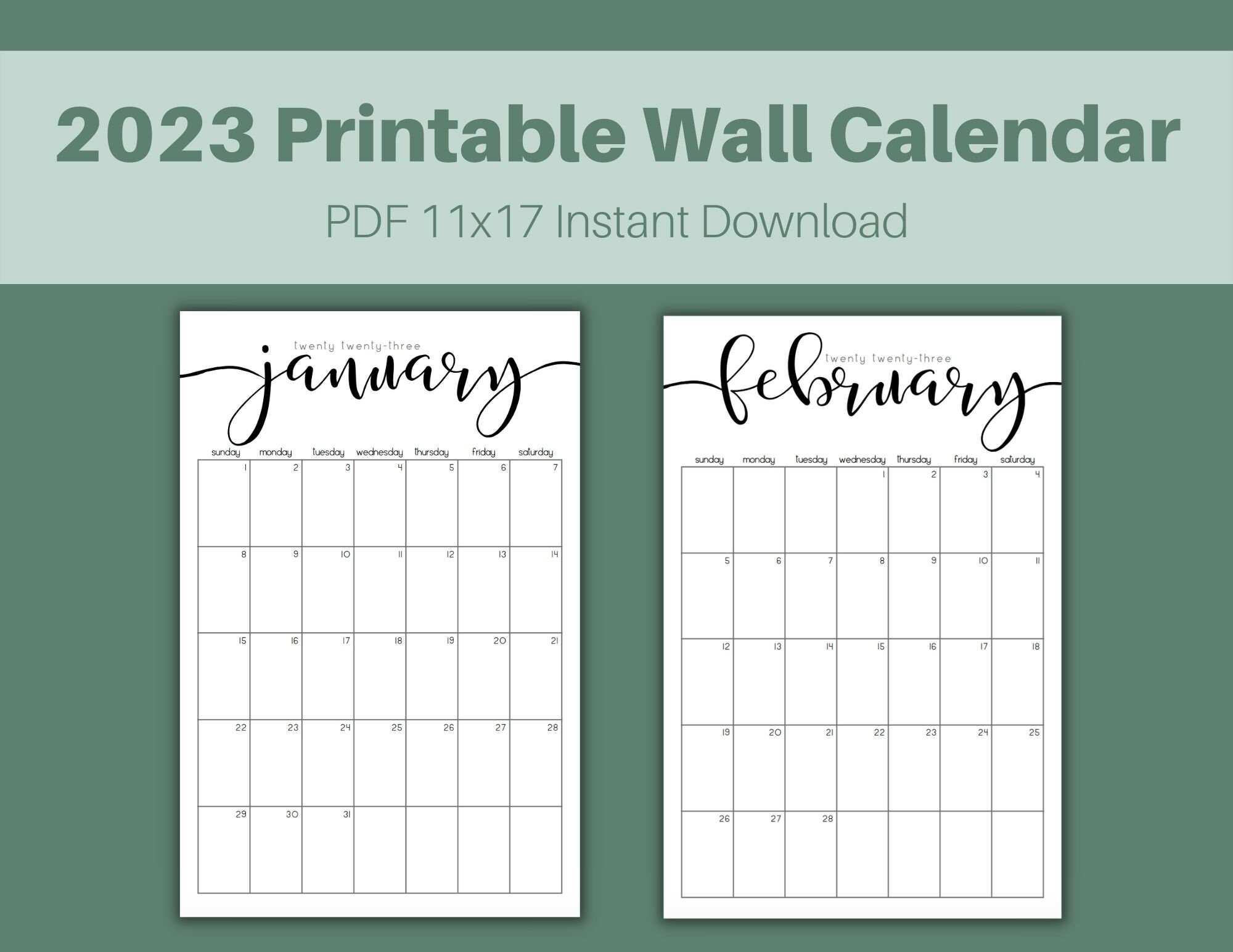 Printable 2023 Monthly Calendar Digital Portrait Calendar 11x17 Size ...