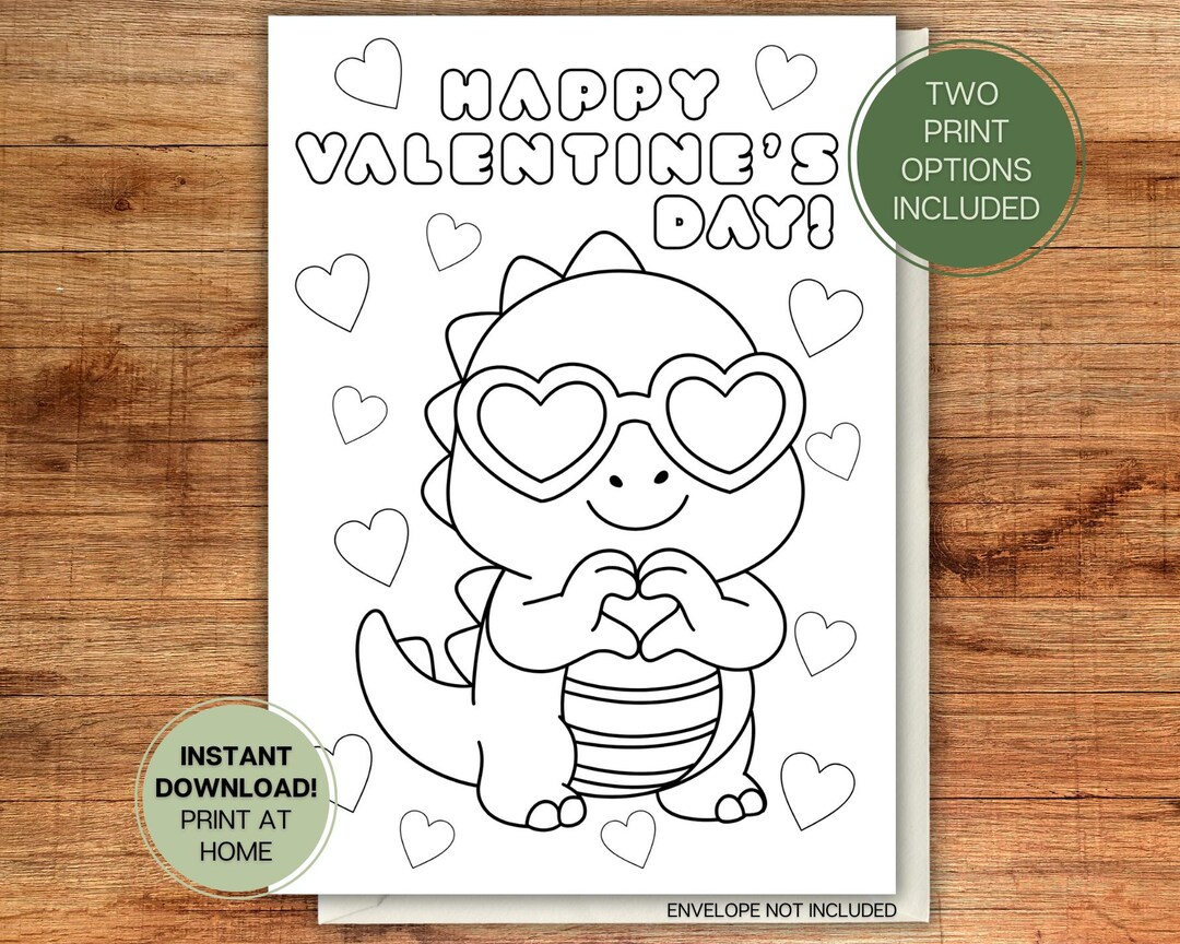 Dinosaur Happy Valentine's Day Coloring Card From Child L Dino Craft L ...