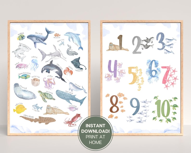 Ocean Animal Alphabet and Number Posters, Printable Beach Wall Art, Sea ...