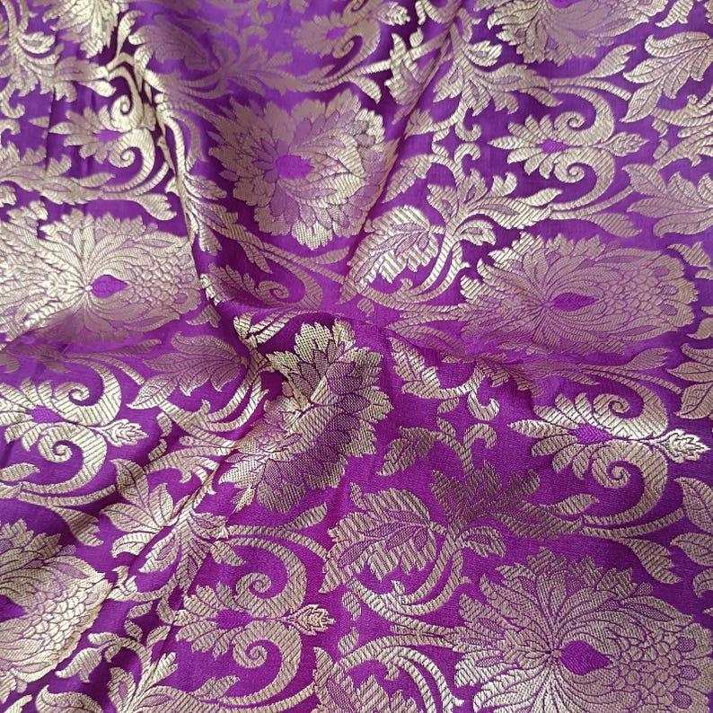 Purple & Gold Floral Silk Brocade Fabric - Indian Wedding Dress ...