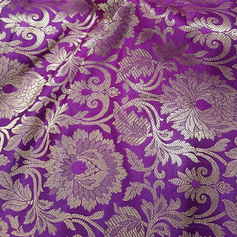 Purple & Gold Floral Silk Brocade Fabric - Indian Wedding Dress ...