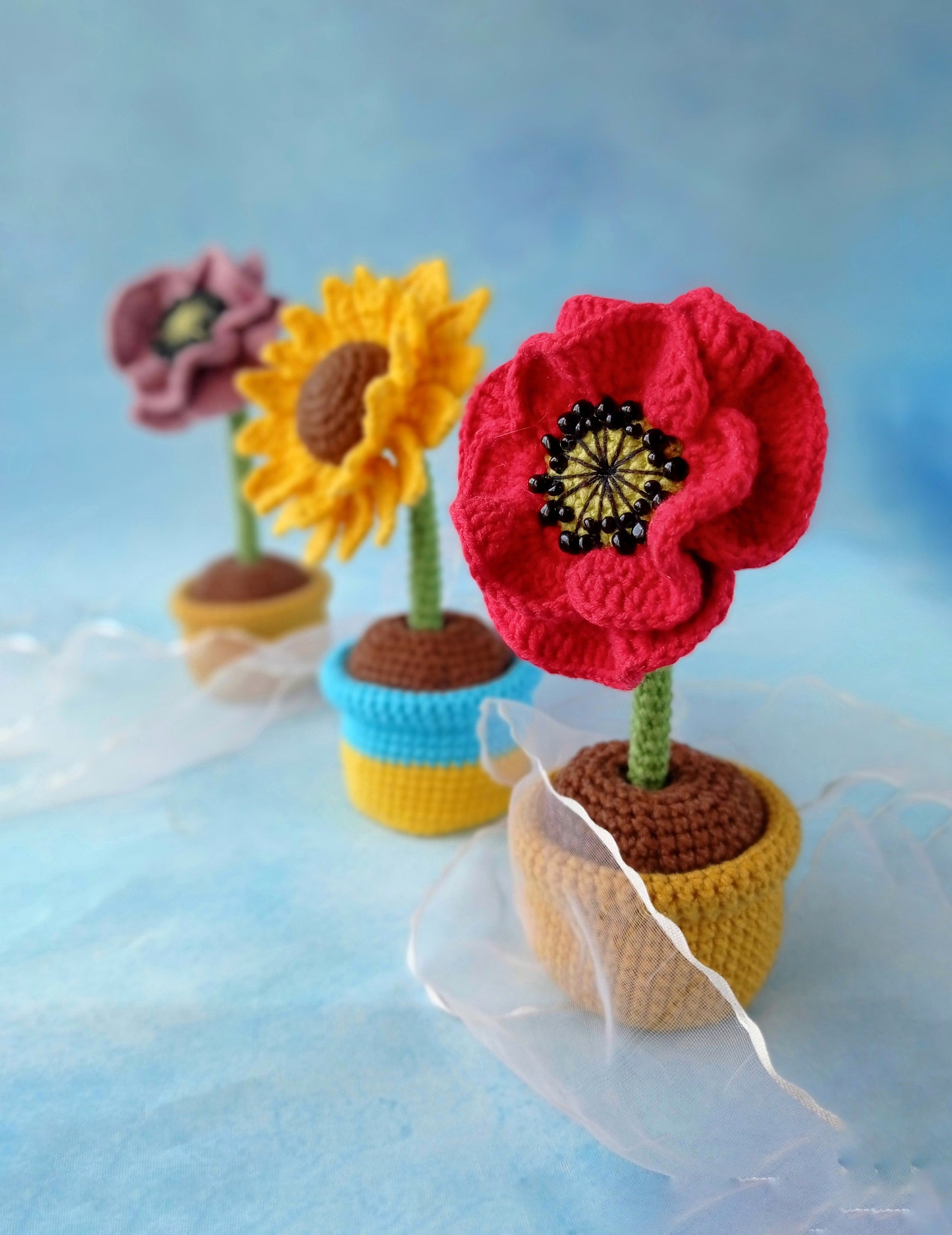 2 in 1 Crochet PATTERNS Poppy Sunflower in a Pot PATTERN. Ukrainian ...