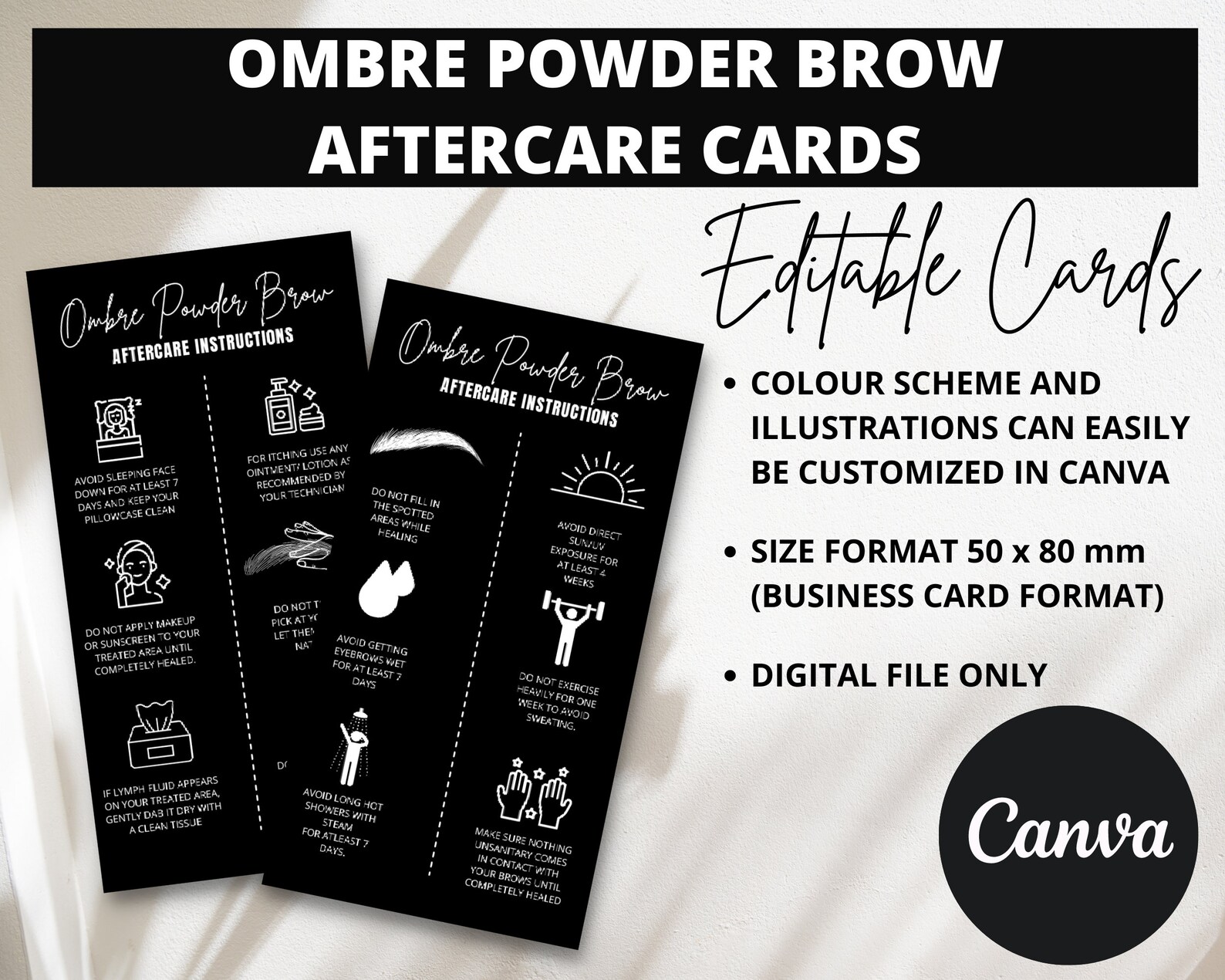 Ombre Powder Brow Aftercare Cards. Editable Aftercare Card Template ...