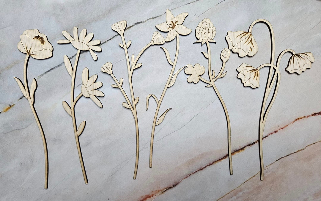 6 Engraved Wooden Wildflowers, Wooden Flower Bouquet, Flowers Made of ...