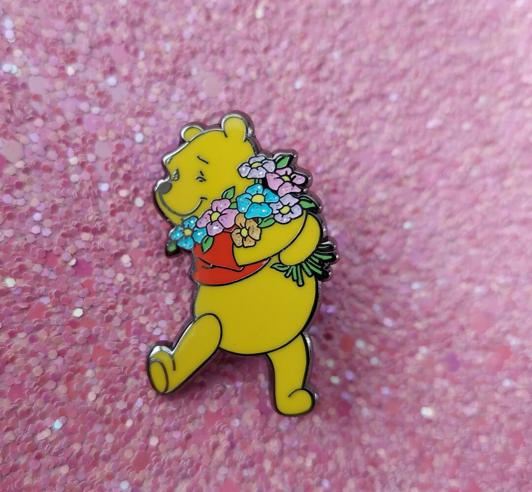 Enamel Glitter Pin - Winnie the Pooh With Flowers - Disney Inspired - Etsy