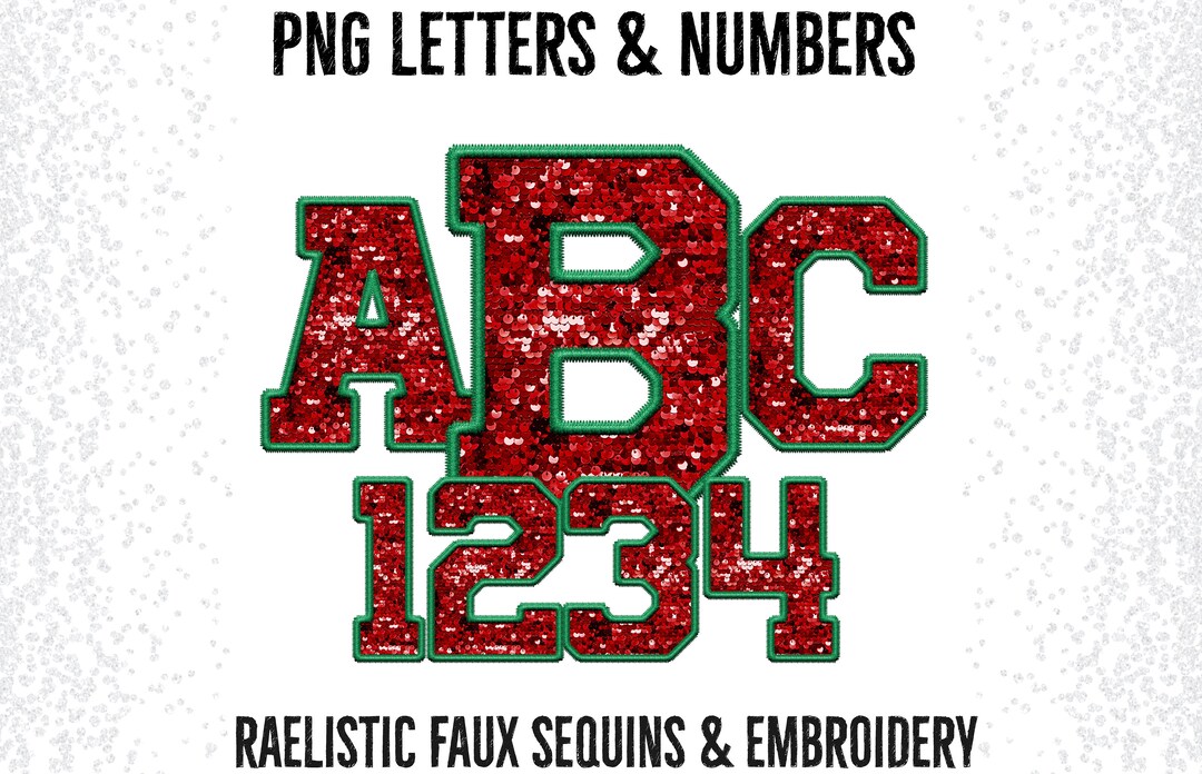 Red Sequin Jersey Font: Green Faux Embroidery Alpha Set (PNG Digital ...