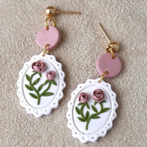 Rose Clay Earrings Flower Clay Earrings Vintage Rose Earrings Statement Earrings Pink Rose ...