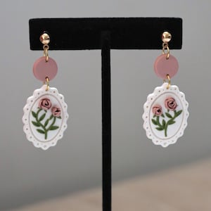 Rose Clay Earrings Flower Clay Earrings Vintage Rose Earrings Statement Earrings Pink Rose ...