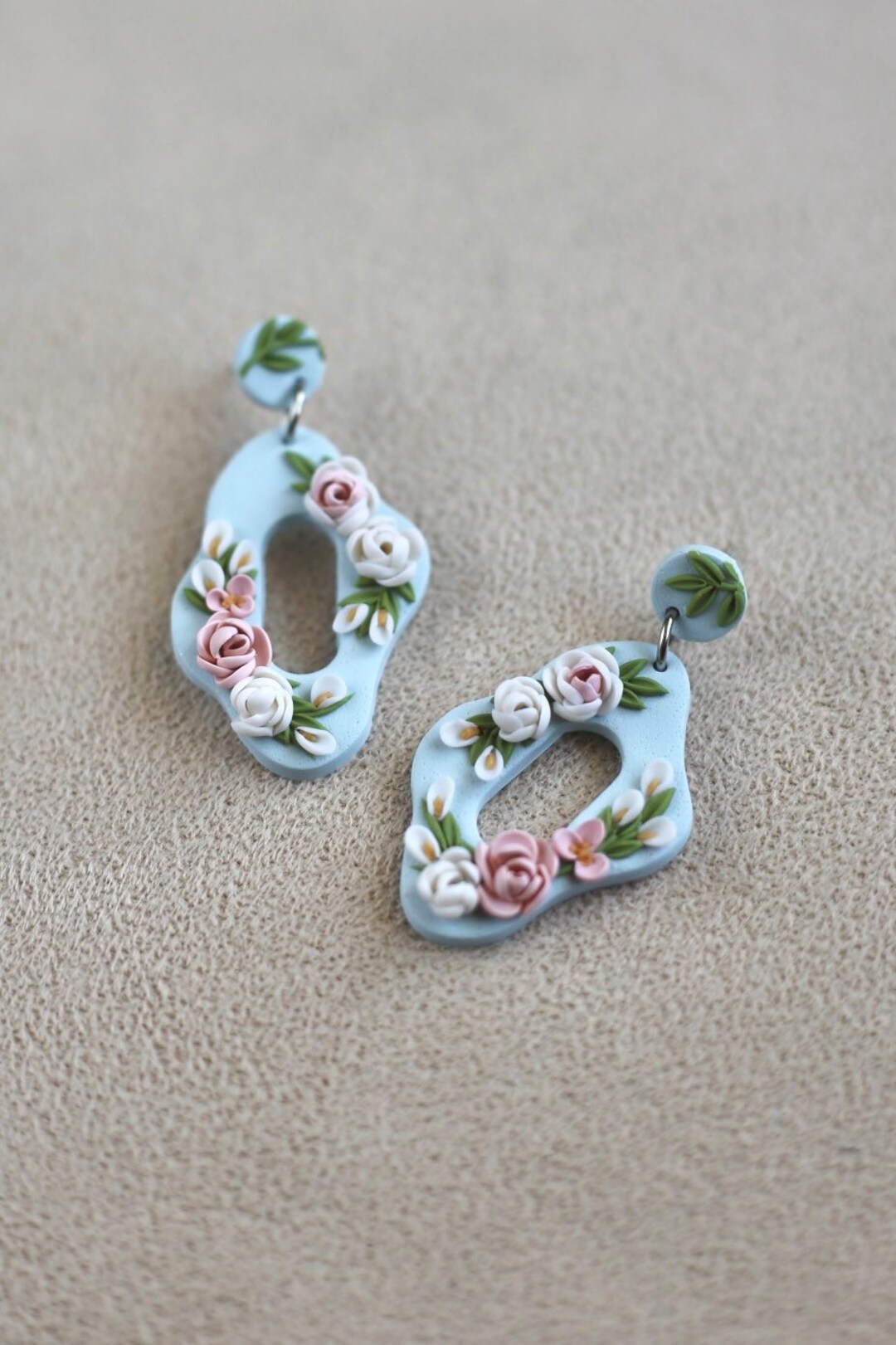 Floral Bouquet Dangles Floral Clay Earrings Pink Rose Clay Earring ...