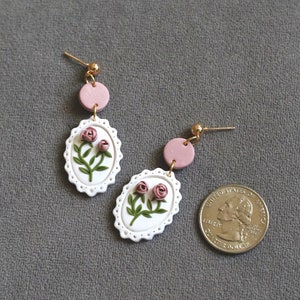 Rose Clay Earrings Flower Clay Earrings Vintage Rose Earrings Statement Earrings Pink Rose ...