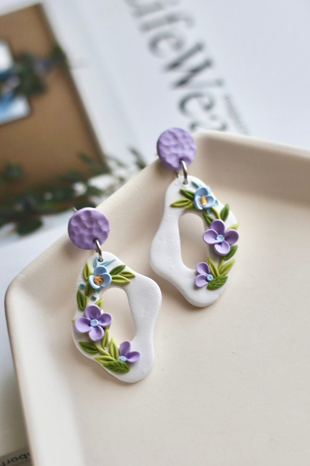 Floral Clay Earrings Flower Clay Earring Statement Earrings Purple Floral Clay Earrings Clay ...
