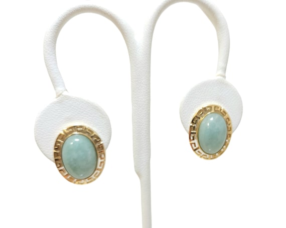 14K Oval Yellow Gold Greek Key & Jade Cabochon Stud E… - Gem