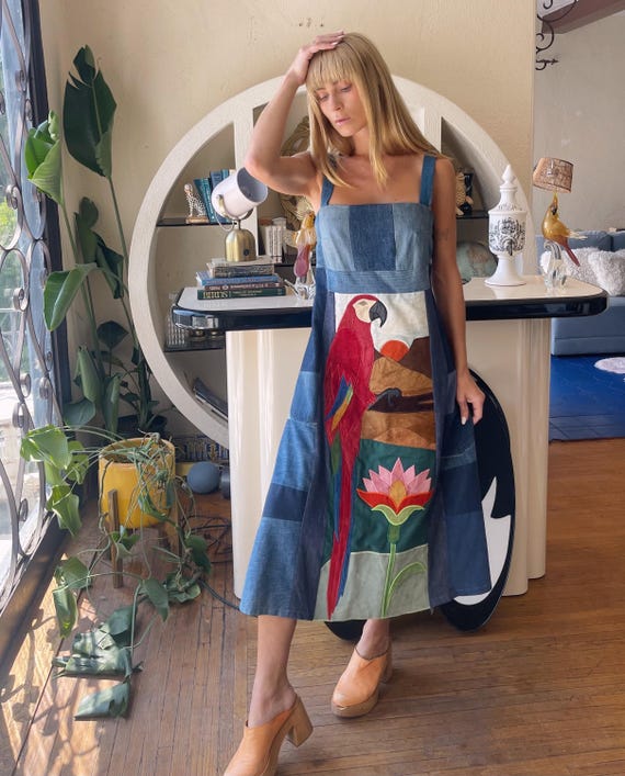 70s Vintage Denim Patchwork Midi Dress | Art to Wear … - Gem