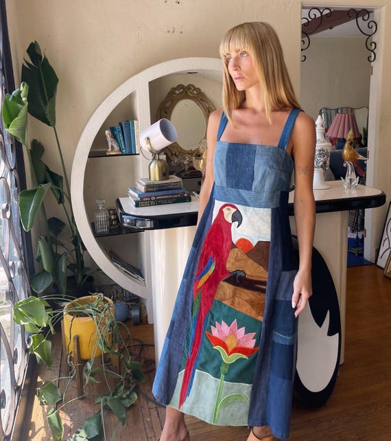 70s Vintage Denim Patchwork Midi Dress | Art to Wear … - Gem