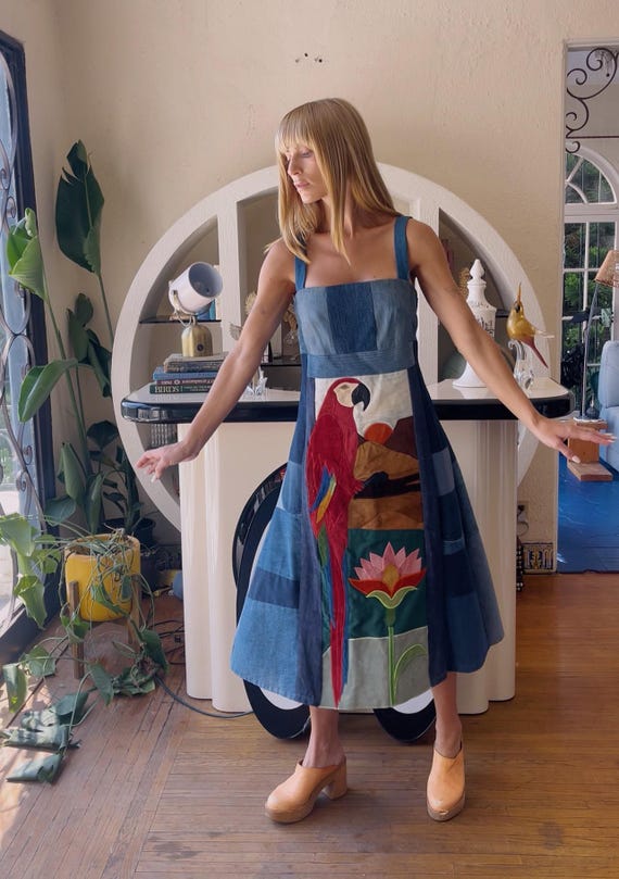 70s Vintage Denim Patchwork Midi Dress | Art to Wear … - Gem