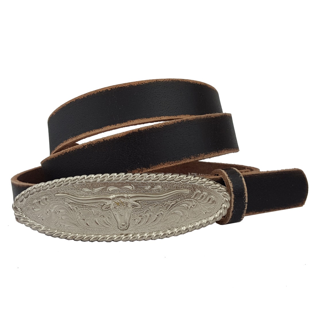 Western-inspired Long Horn Buckle W. Genuine Distressed Leather Belt - Etsy