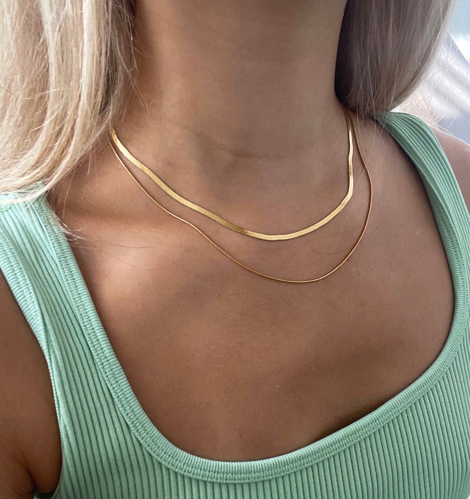 Dainty Herringbone Duo Chain • Necklace • Gold Plated Stainless Steel ...