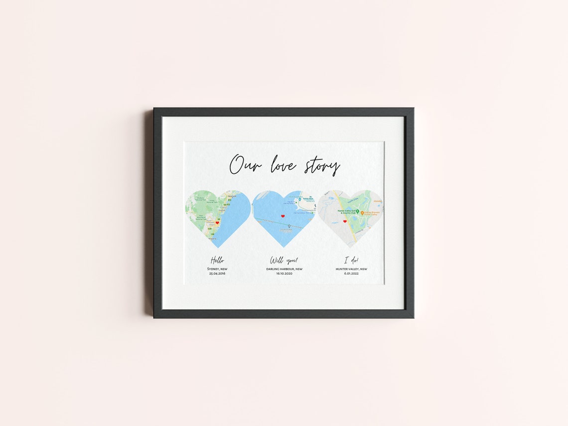 Personalised Love Story Map Print A3/A4 Framed & Unframed Print Love ...