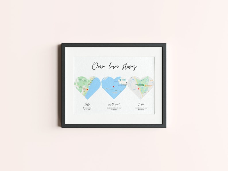 Personalised Love Story Map Print A3/A4 Framed & Unframed Print Love ...