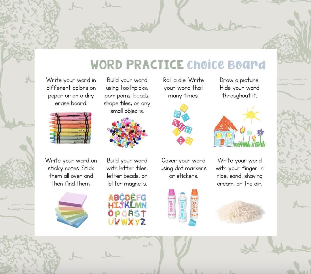 Word Practice Choice Board - Sight Words - Spelling List - High ...