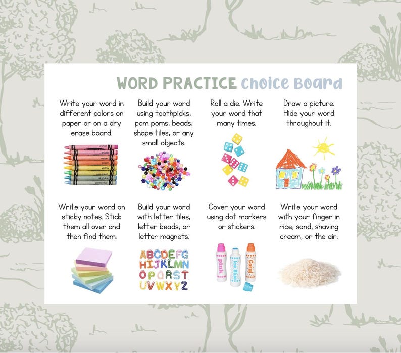 Word Practice Choice Board - Sight Words - Spelling List - High ...