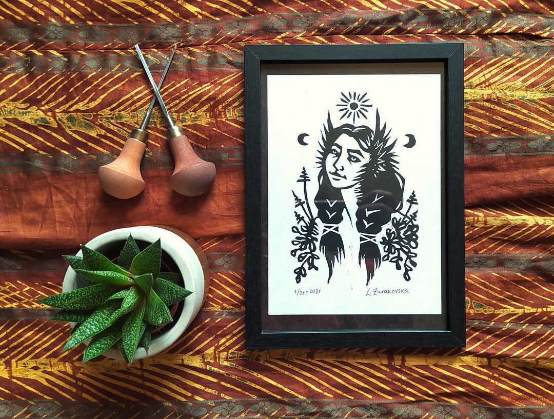 Linocut Print werewitch Original Handmade Witch Werewolf Art Print ...