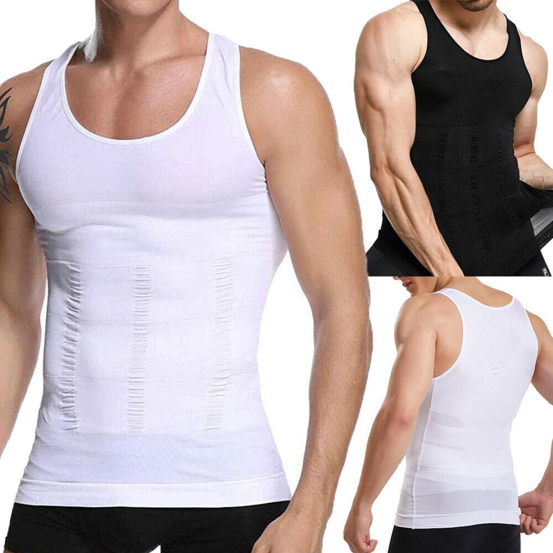 White Mens Slimming Body Shaper Vest Abs Abdomen Slim Compression Shirt ...