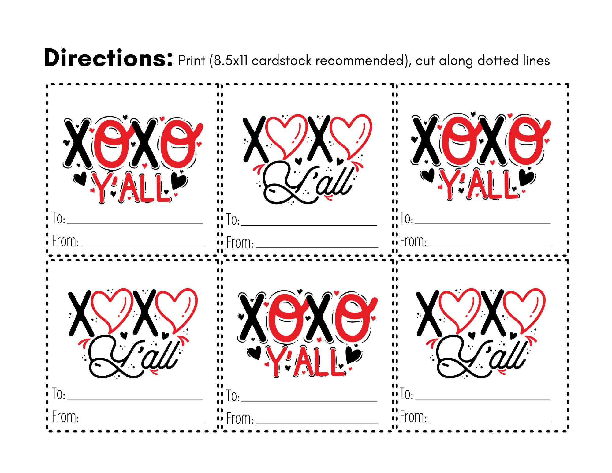 XOXO Valentine Printable Cards Color - Etsy