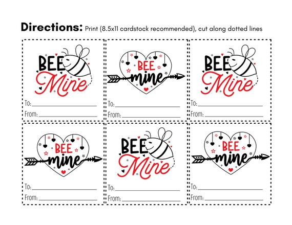 Bee Mine Valentine Printable Cards Color | Etsy