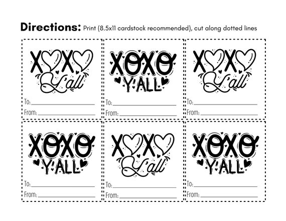 XOXO Valentine Printable Cards Black and White | Etsy