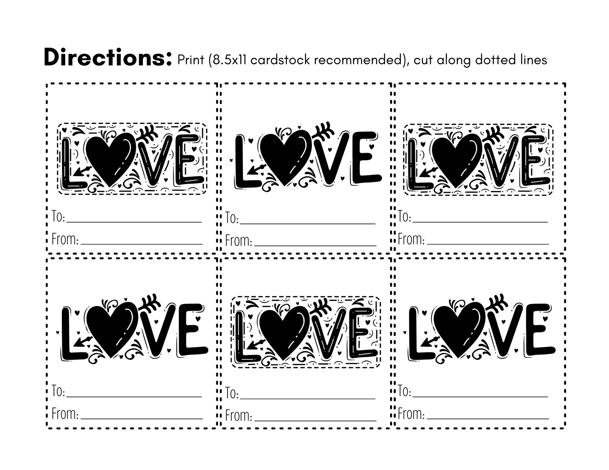 Love Valentine Printable Cards Black and White - Etsy