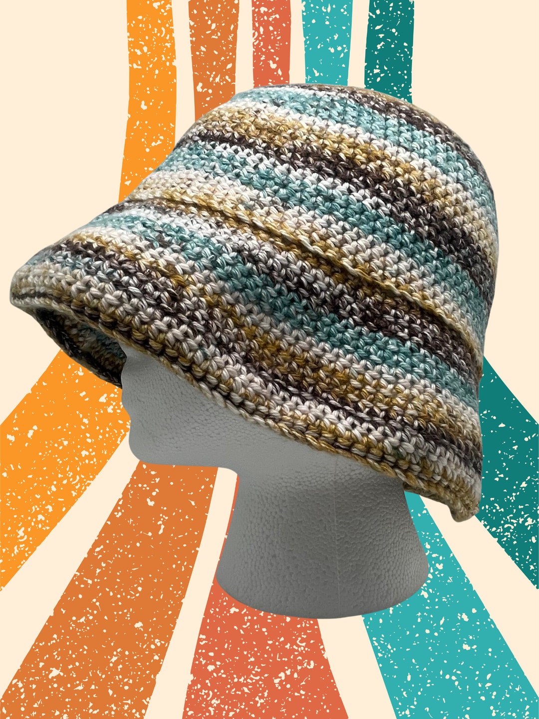 Colorful Bucket Hat Unisex Crochet Hat Blue-green/brown/yellow/white - Etsy