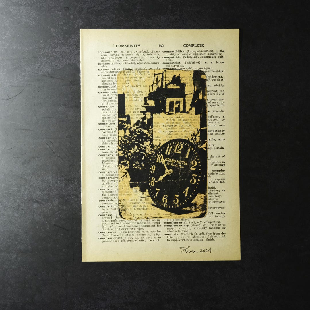 Grand Hotel Clock Dictionary Page Art | 3x5 Monoprint Photography ...