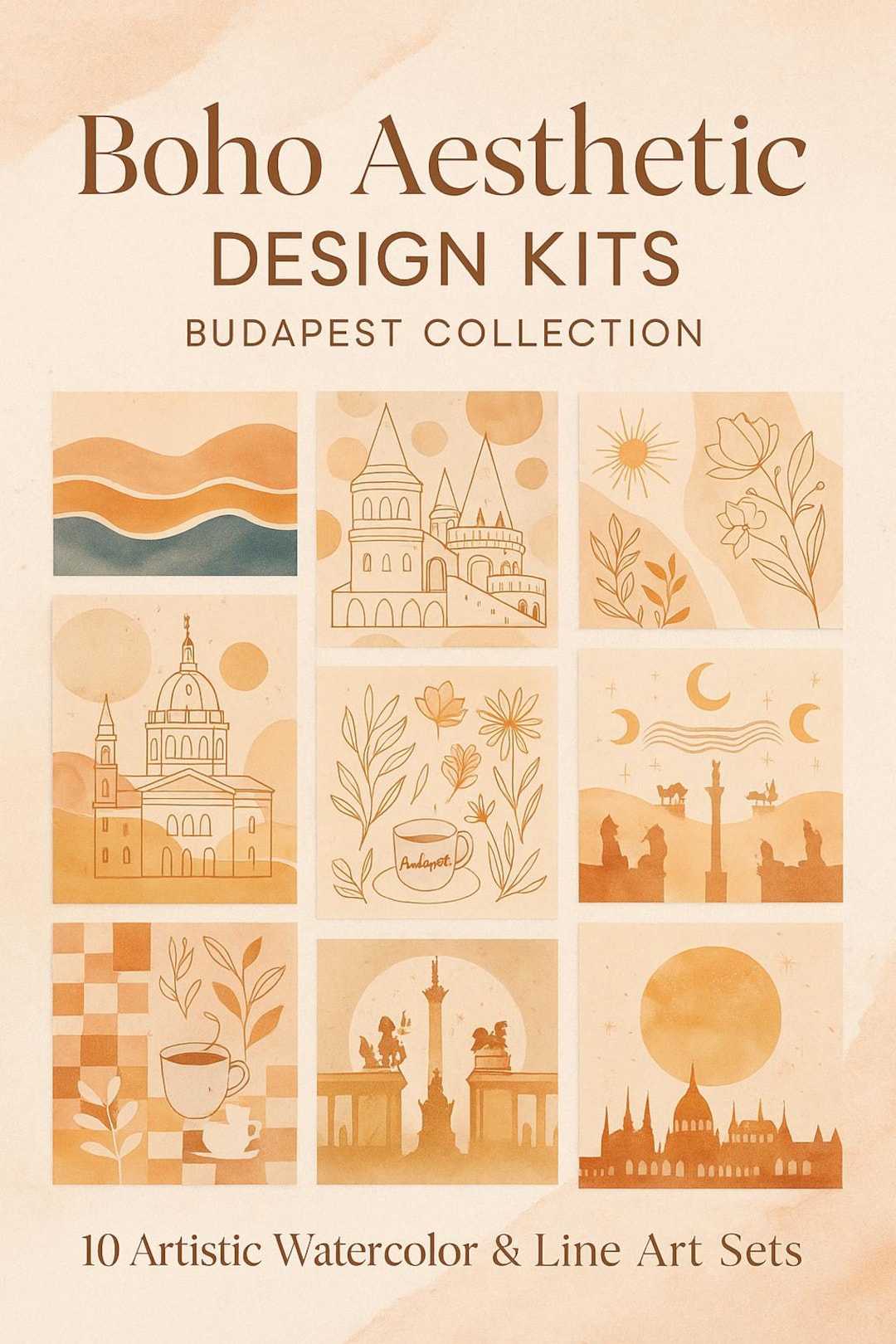 Boho Aesthetic Design Kits – Budapest Collection | 10 Watercolor & Line ...