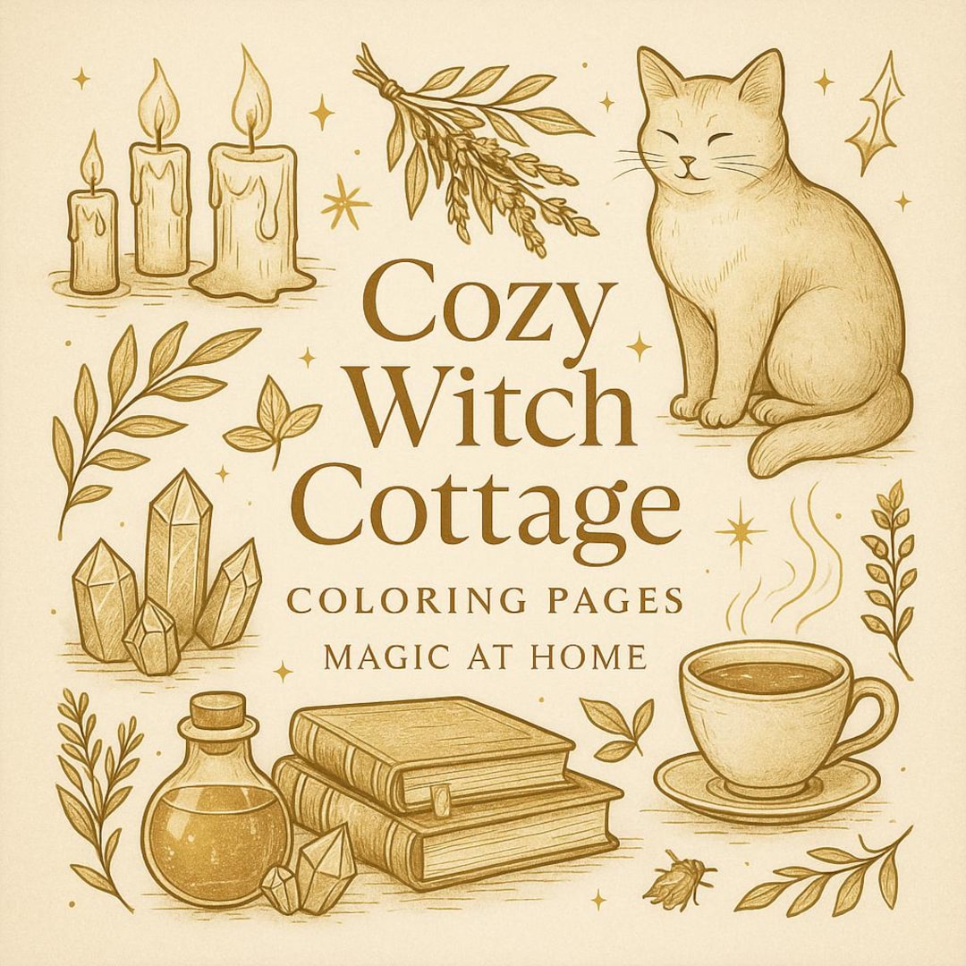 Cozy Witch Cottage Coloring Pages | Cottagecore Magical Home Art ...