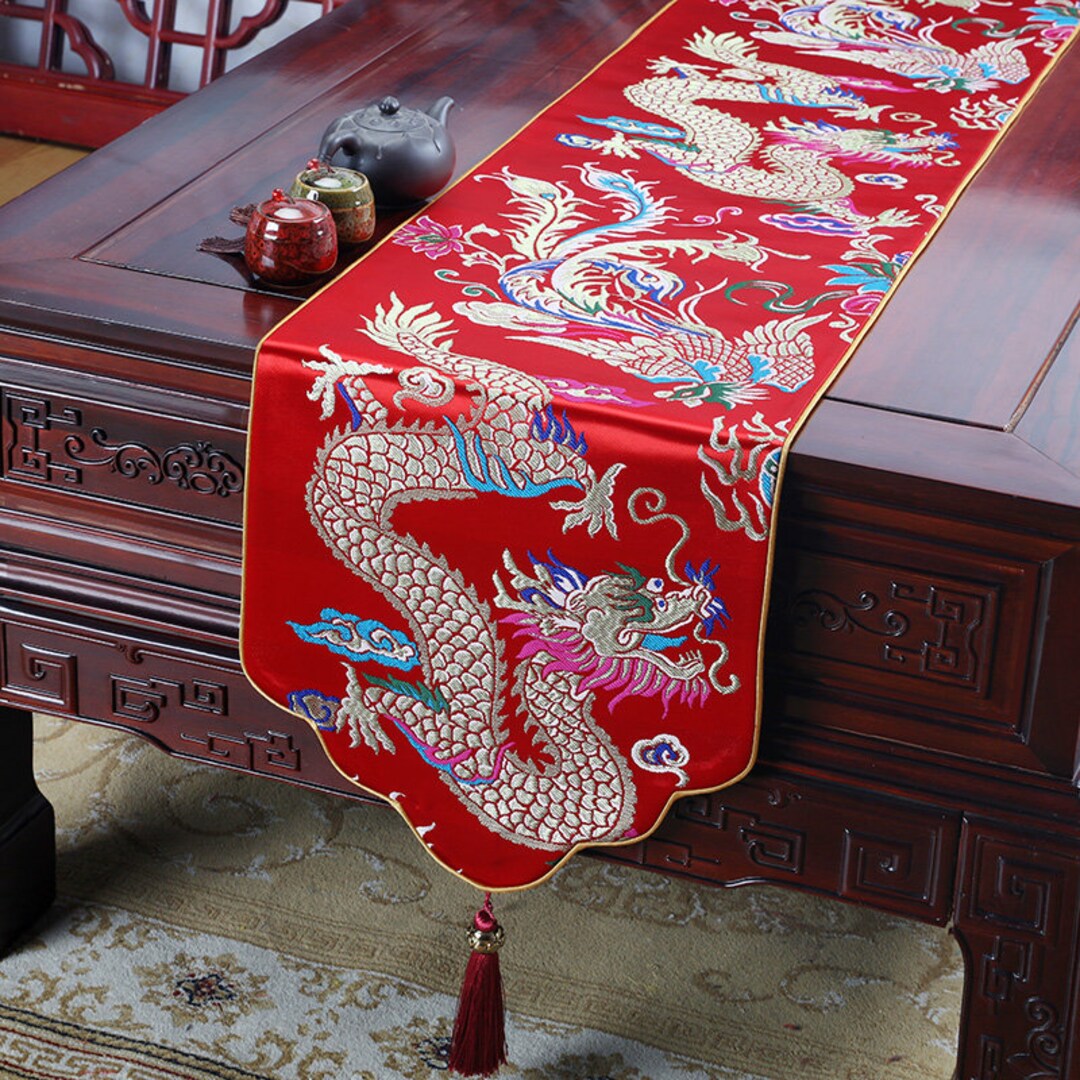 New Chinese Red Dragon & Phoenix Silk Brocade Table Runner Gift Home ...