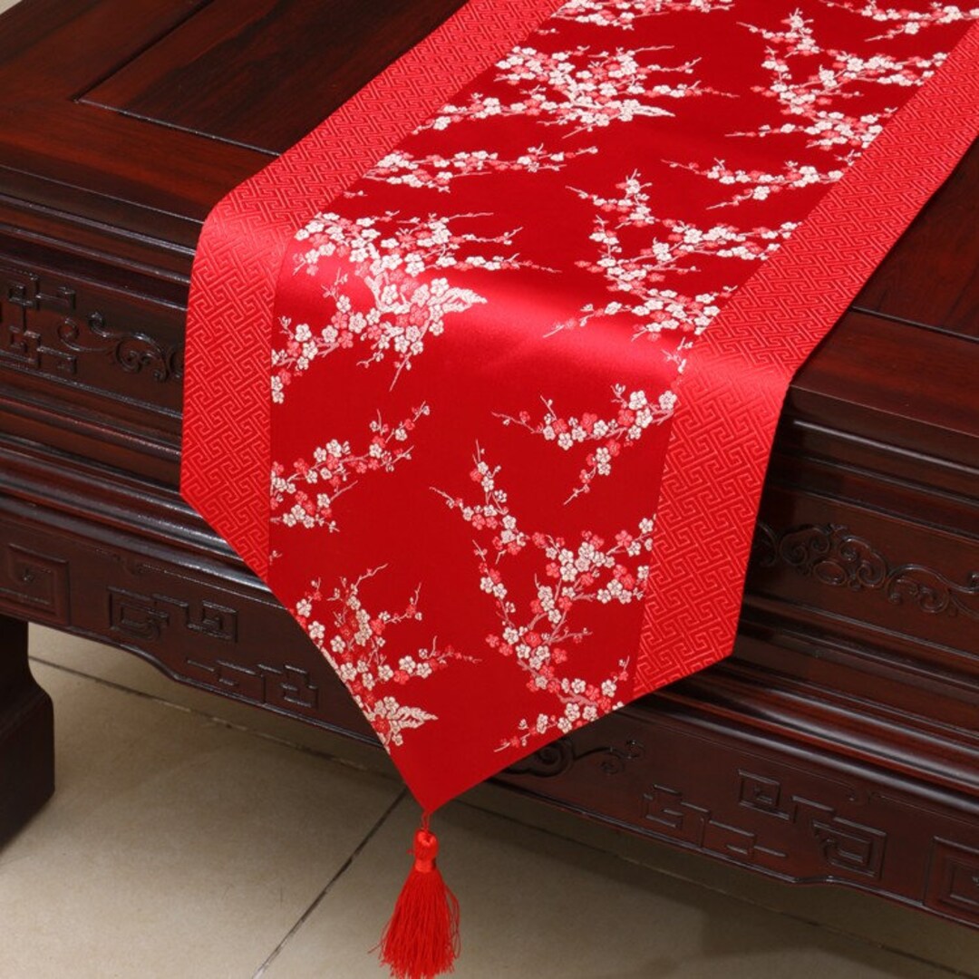 New Red Chinese Silk Brocade Table Runner W/cherry Blossom Home Decor ...